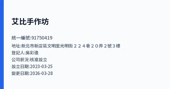艾比手作坊的照片-統編 91750419(新北市) 公司登記資料與營業項目詳細圖表