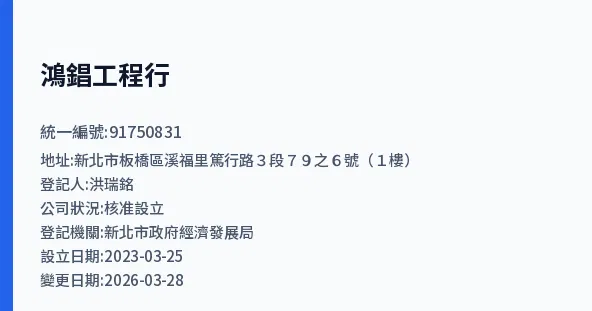 鴻錩工程行的照片-統編 91750831(新北市) 公司登記資料與營業項目詳細圖表