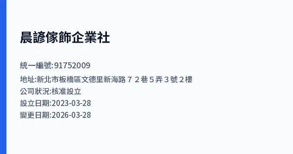 晨諺傢飾企業社的照片-統編 91752009(新北市) 公司登記資料與營業項目詳細圖表