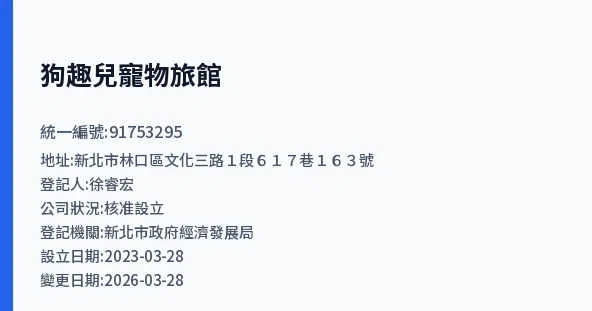 狗趣兒寵物旅館的照片-統編 91753295(新北市) 公司登記資料與營業項目詳細圖表