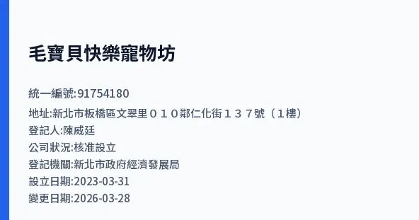 毛寶貝快樂寵物坊的照片-統編 91754180(新北市) 公司登記資料與營業項目詳細圖表