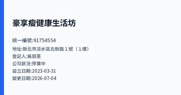豪享瘦健康生活坊的照片-統編 91754554(新北市) 公司登記資料與營業項目詳細圖表