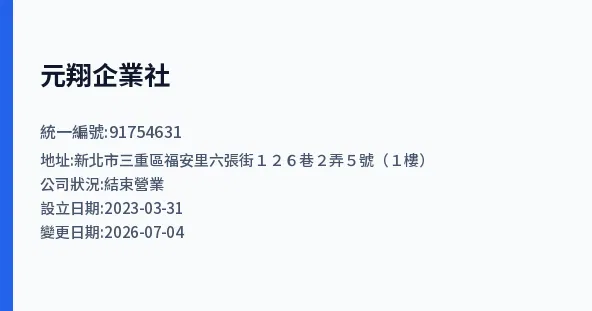 元翔企業社的照片-統編 91754631(新北市) 公司登記資料與營業項目詳細圖表