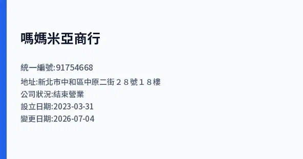 嗎媽米亞商行的照片-統編 91754668(新北市) 公司登記資料與營業項目詳細圖表