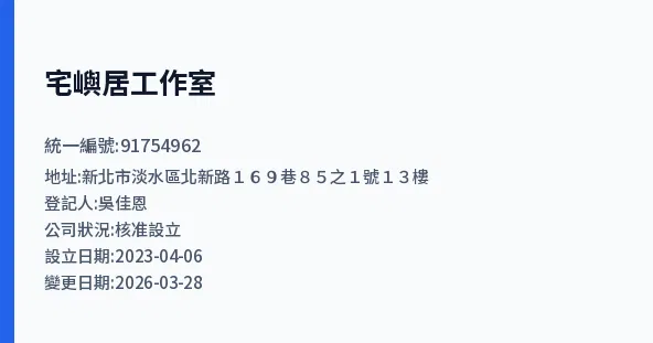 宅嶼居工作室的照片-統編 91754962(新北市) 公司登記資料與營業項目詳細圖表