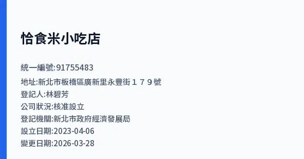 恰食米小吃店的照片-統編 91755483(新北市) 公司登記資料與營業項目詳細圖表