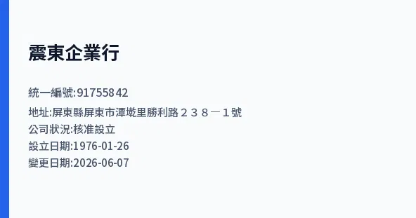 震東企業行的照片-統編 91755842(屏東縣) 公司登記資料與營業項目詳細圖表