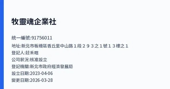 牧靈魂企業社的照片-統編 91756011(新北市) 公司登記資料與營業項目詳細圖表