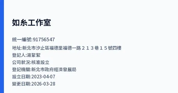 如糸工作室的照片-統編 91756547(新北市) 公司登記資料與營業項目詳細圖表