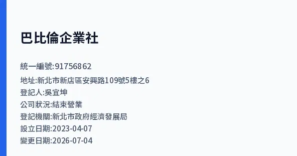 巴比倫企業社的照片-統編 91756862(新北市) 公司登記資料與營業項目詳細圖表