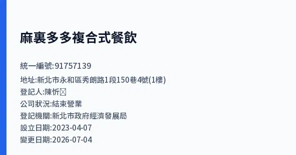 麻裏多多複合式餐飲的照片-統編 91757139(新北市) 公司登記資料與營業項目詳細圖表