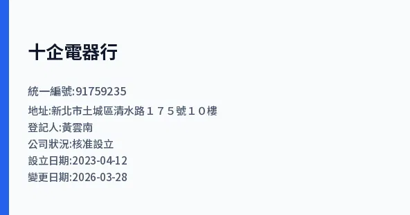 十企電器行的照片-統編 91759235(新北市) 公司登記資料與營業項目詳細圖表