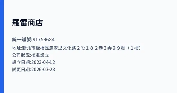 羅雷商店的照片-統編 91759684(新北市) 公司登記資料與營業項目詳細圖表