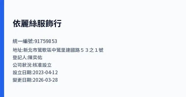 依麗絲服飾行的照片-統編 91759853(新北市) 公司登記資料與營業項目詳細圖表