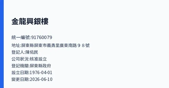 金龍興銀樓的照片-統編 91760079(屏東縣) 公司登記資料與營業項目詳細圖表