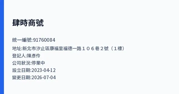 肆時商號的照片-統編 91760084(新北市) 公司登記資料與營業項目詳細圖表