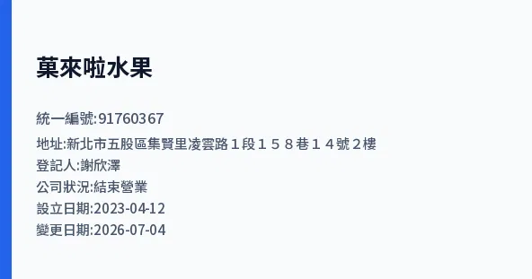 菓來啦水果的照片-統編 91760367(新北市) 公司登記資料與營業項目詳細圖表