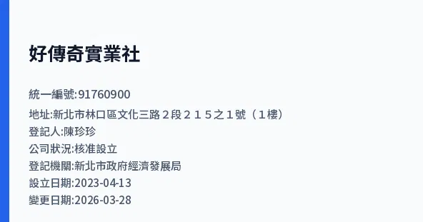 好傳奇實業社的照片-統編 91760900(新北市) 公司登記資料與營業項目詳細圖表