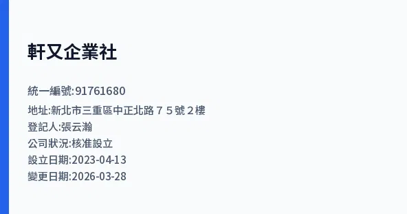 軒又企業社的照片-統編 91761680(新北市) 公司登記資料與營業項目詳細圖表