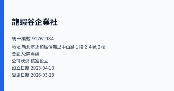 龍蝦谷企業社的照片-統編 91761984(新北市) 公司登記資料與營業項目詳細圖表