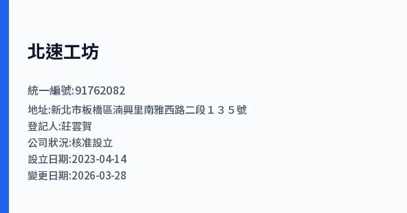 北速工坊的照片-統編 91762082(新北市) 公司登記資料與營業項目詳細圖表