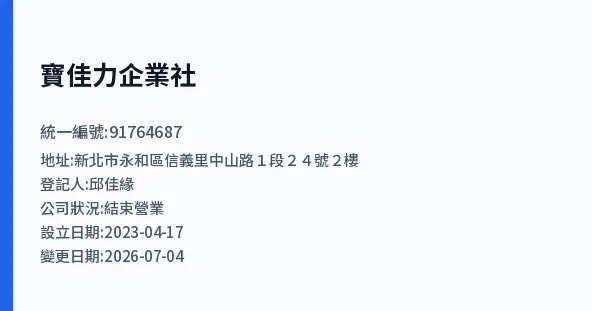 寶佳力企業社的照片-統編 91764687(新北市) 公司登記資料與營業項目詳細圖表