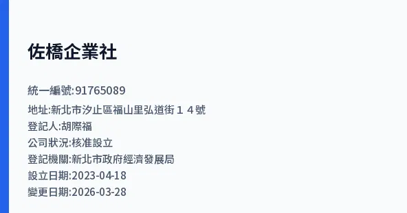 佐橋企業社的照片-統編 91765089(新北市) 公司登記資料與營業項目詳細圖表