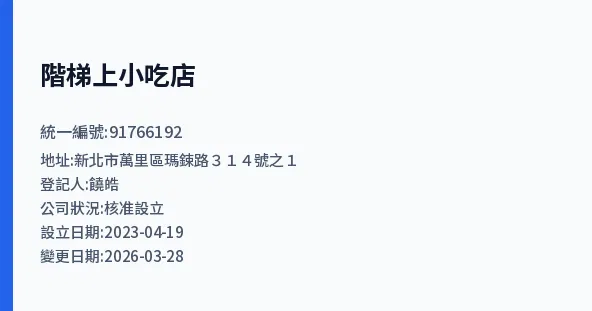階梯上小吃店的照片-統編 91766192(新北市) 公司登記資料與營業項目詳細圖表
