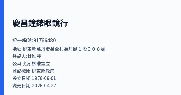 慶昌鐘錶眼鏡行的照片-統編 91766480(屏東縣) 公司登記資料與營業項目詳細圖表