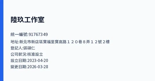 陸玖工作室的照片-統編 91767349(新北市) 公司登記資料與營業項目詳細圖表