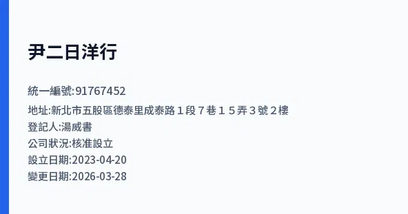 尹二日洋行的照片-統編 91767452(新北市) 公司登記資料與營業項目詳細圖表