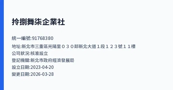拎捌舞柒企業社的照片-統編 91768380(新北市) 公司登記資料與營業項目詳細圖表