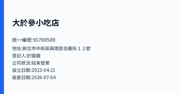 大於參小吃店的照片-統編 91769509(新北市) 公司登記資料與營業項目詳細圖表