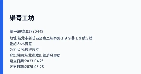 樂青工坊的照片-統編 91770442(新北市) 公司登記資料與營業項目詳細圖表