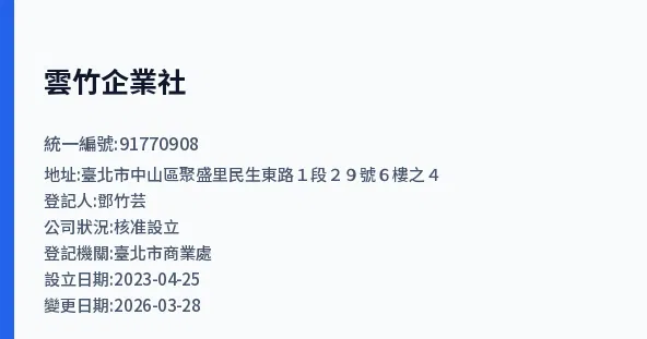 雲竹企業社的照片-統編 91770908(臺北市) 公司登記資料與營業項目詳細圖表