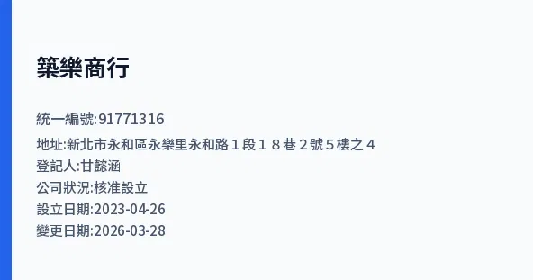 築樂商行的照片-統編 91771316(新北市) 公司登記資料與營業項目詳細圖表