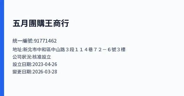 五月團購王商行的照片-統編 91771462(新北市) 公司登記資料與營業項目詳細圖表