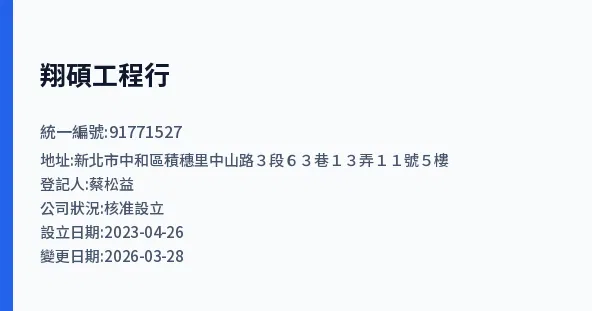 翔碩工程行的照片-統編 91771527(新北市) 公司登記資料與營業項目詳細圖表
