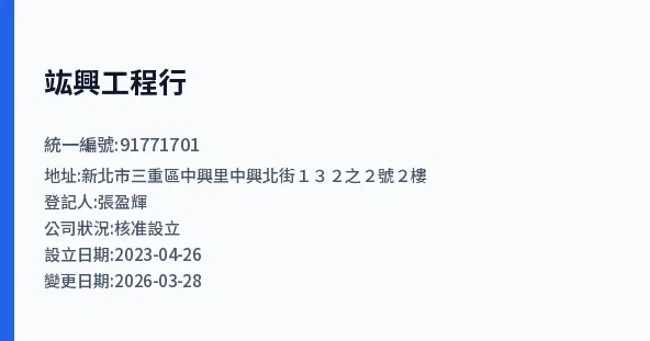 竑興工程行的照片-統編 91771701(新北市) 公司登記資料與營業項目詳細圖表