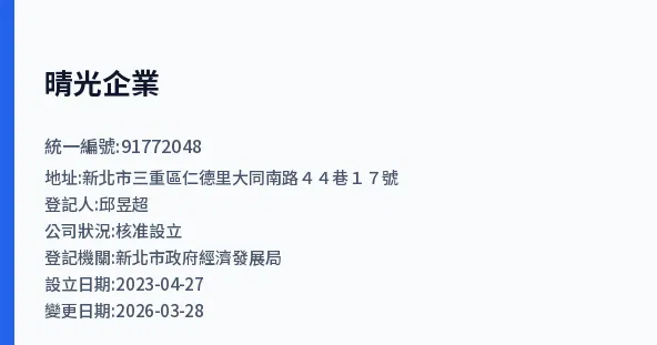 晴光企業的照片-統編 91772048(新北市) 公司登記資料與營業項目詳細圖表