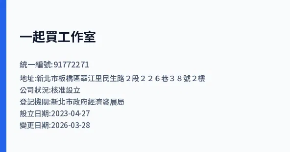 一起買工作室的照片-統編 91772271(新北市) 公司登記資料與營業項目詳細圖表
