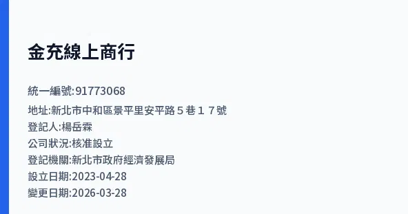 金充線上商行的照片-統編 91773068(新北市) 公司登記資料與營業項目詳細圖表