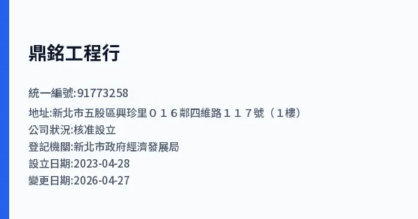 鼎銘工程行的照片-統編 91773258(新北市) 公司登記資料與營業項目詳細圖表