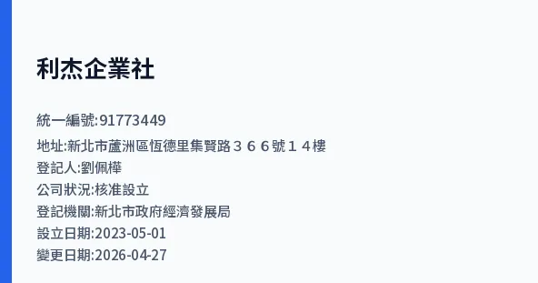 利杰企業社的照片-統編 91773449(新北市) 公司登記資料與營業項目詳細圖表