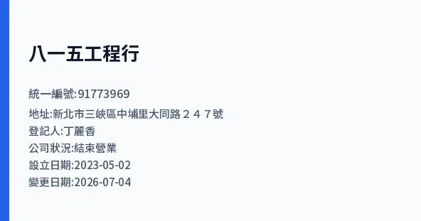 八一五工程行的照片-統編 91773969(新北市) 公司登記資料與營業項目詳細圖表