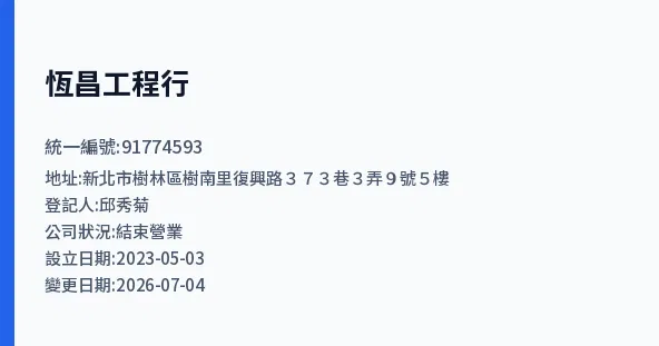 恆昌工程行的照片-統編 91774593(新北市) 公司登記資料與營業項目詳細圖表