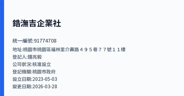 鋯潕吉企業社的照片-統編 91774708(桃園市) 公司登記資料與營業項目詳細圖表