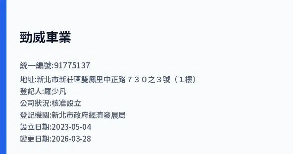 勁威車業的照片-統編 91775137(新北市) 公司登記資料與營業項目詳細圖表