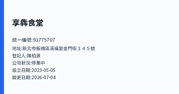 享犇食堂的照片-統編 91775707(新北市) 公司登記資料與營業項目詳細圖表