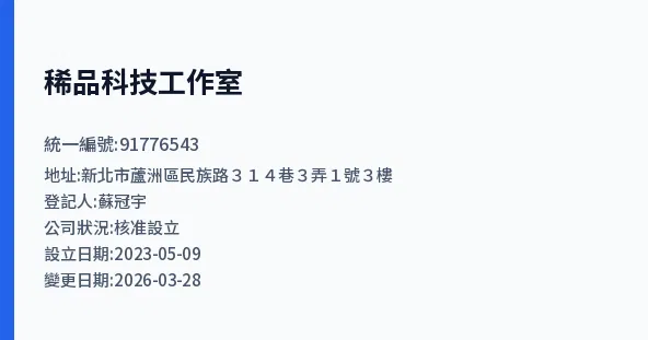 稀品科技工作室的照片-統編 91776543(新北市) 公司登記資料與營業項目詳細圖表